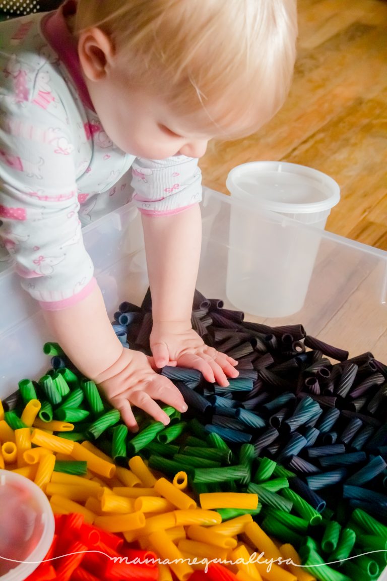 Rainbow Noodle Sensory Bin - MamaMeganAllysa