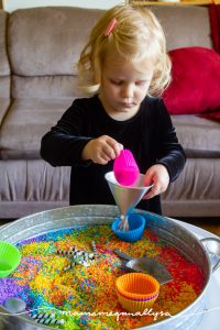 Rainbow Rice Cupcakes - Back to Basics Sensory Bin - MamaMeganAllysa